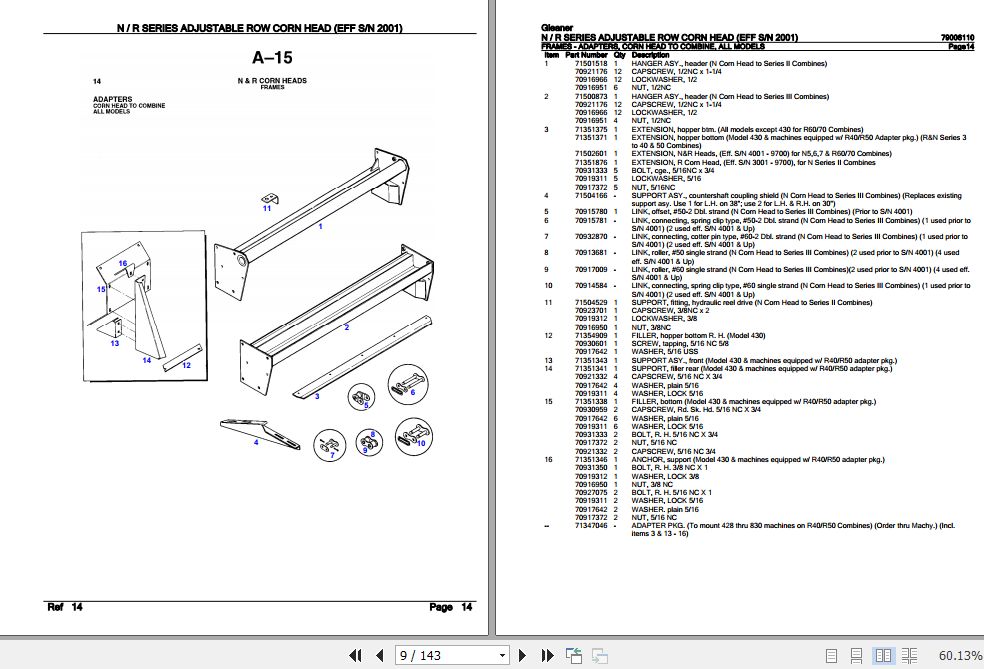 Gleaner Adjustable Row Corn Head N R Series Parts Catalog 79006110
