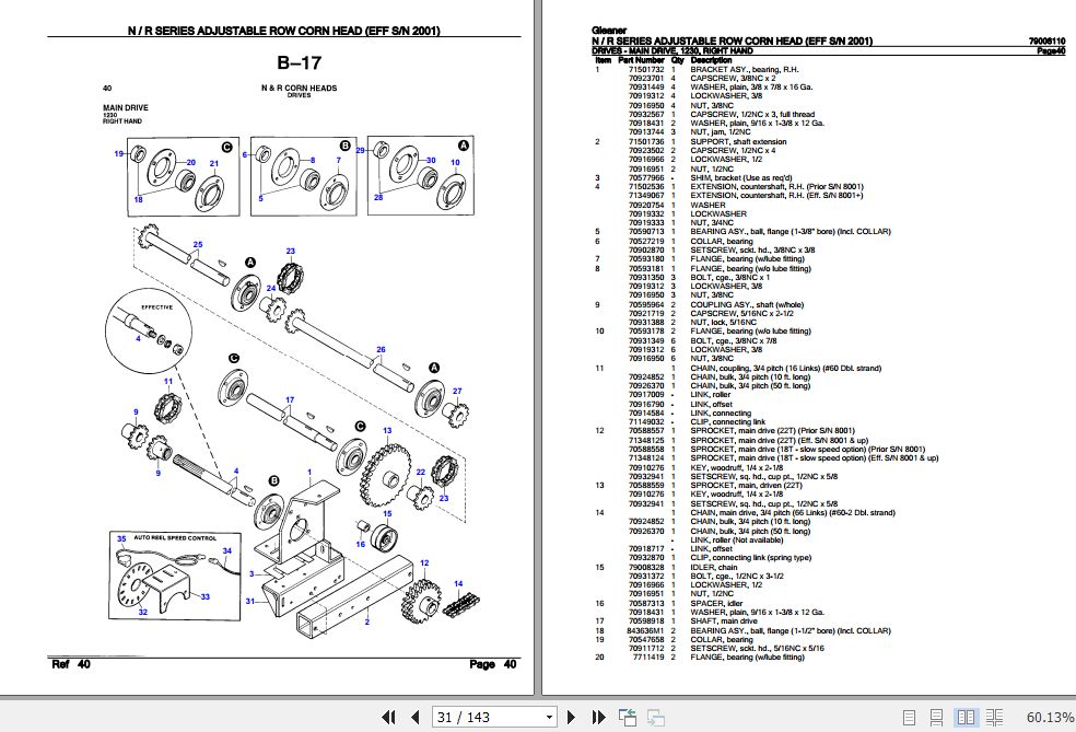 Gleaner Adjustable Row Corn Head N R Series Parts Catalog 79006110