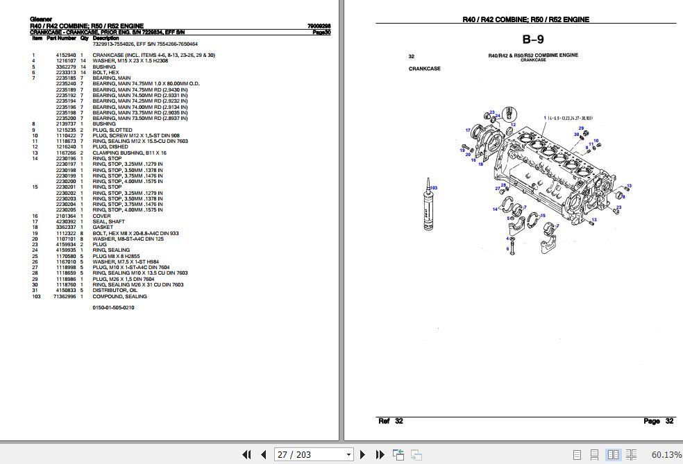 Gleaner Combine R40 R42 Engine R50 R52 Parts Catalog 79009298
