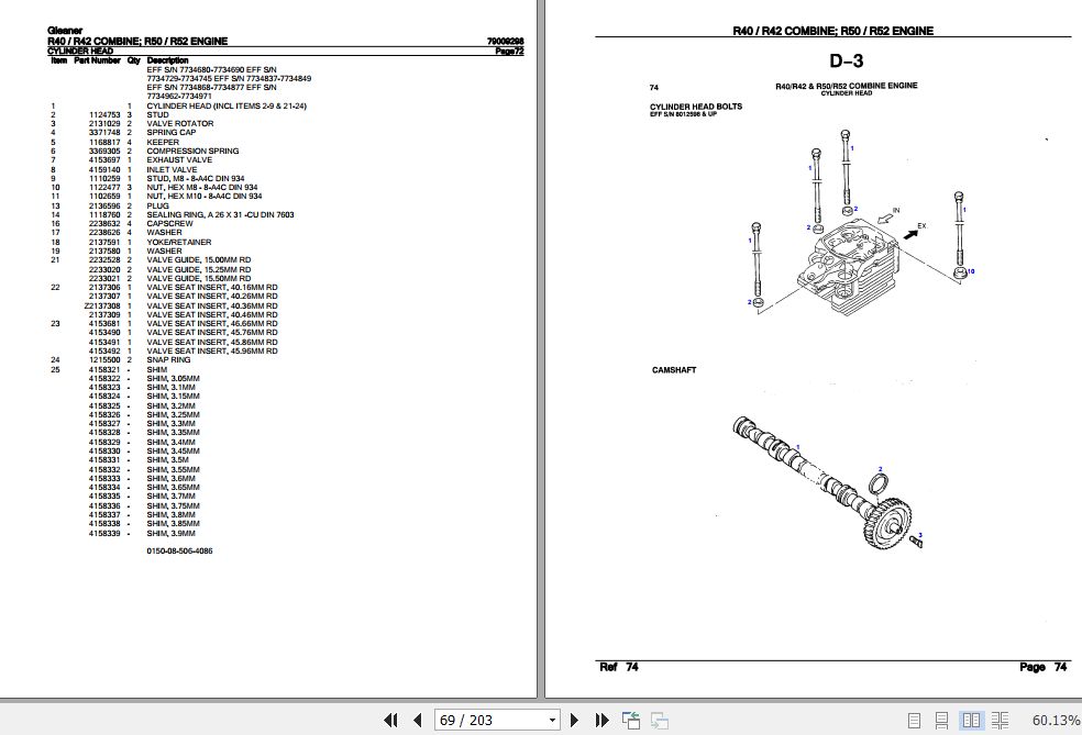 Gleaner Combine R40 R42 Engine R50 R52 Parts Catalog 79009298