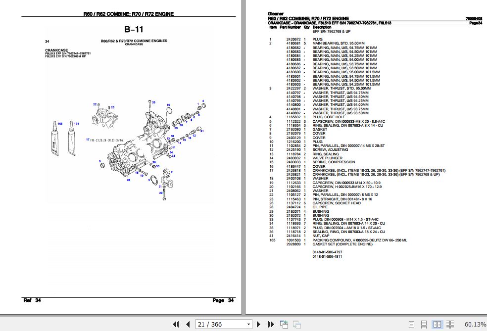 Gleaner Combine R60 R62 Engine R70 R72 Parts Catalog 79008408