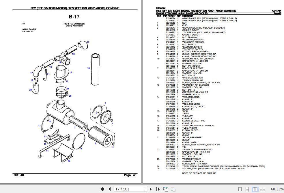 Gleaner Combine R62 R72 Parts Catalog 79015754