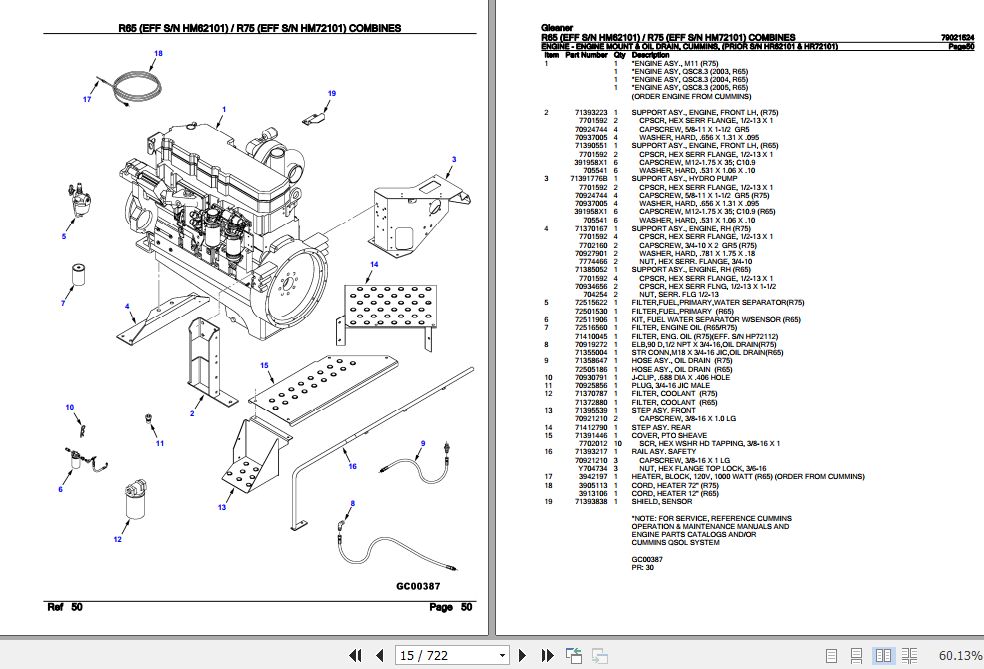 Gleaner Combines R65 R75 Parts Catalog 79021524