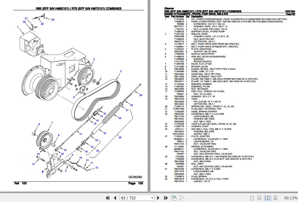 Gleaner Combines R65 R75 Parts Catalog 79021524
