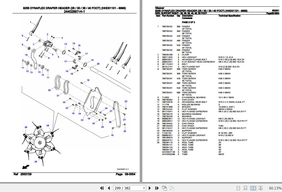 Gleaner Dynaflex Draper Header 9255 Parts Catalog 652321