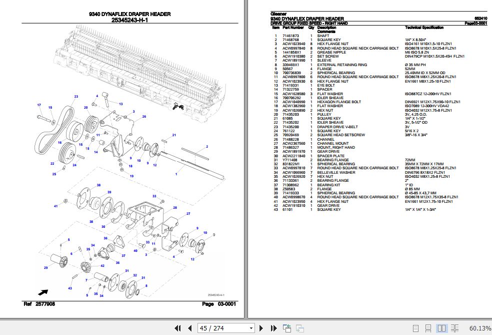 Gleaner Dynaflex Draper Header 9340 Parts Catalog 652410