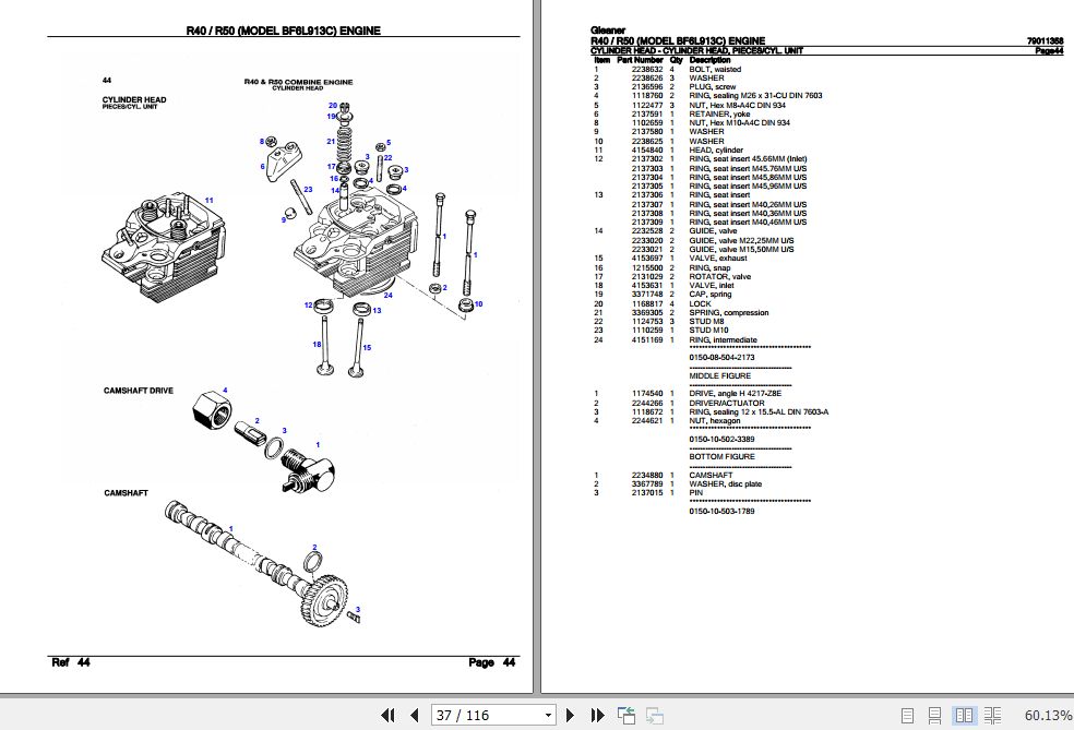Gleaner R40 R50 BF6L913C Engine Parts Catalog 79011358