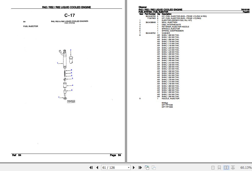 Gleaner R42 R52 R62 Liquid Cooled Engine Parts Catalog 79016168