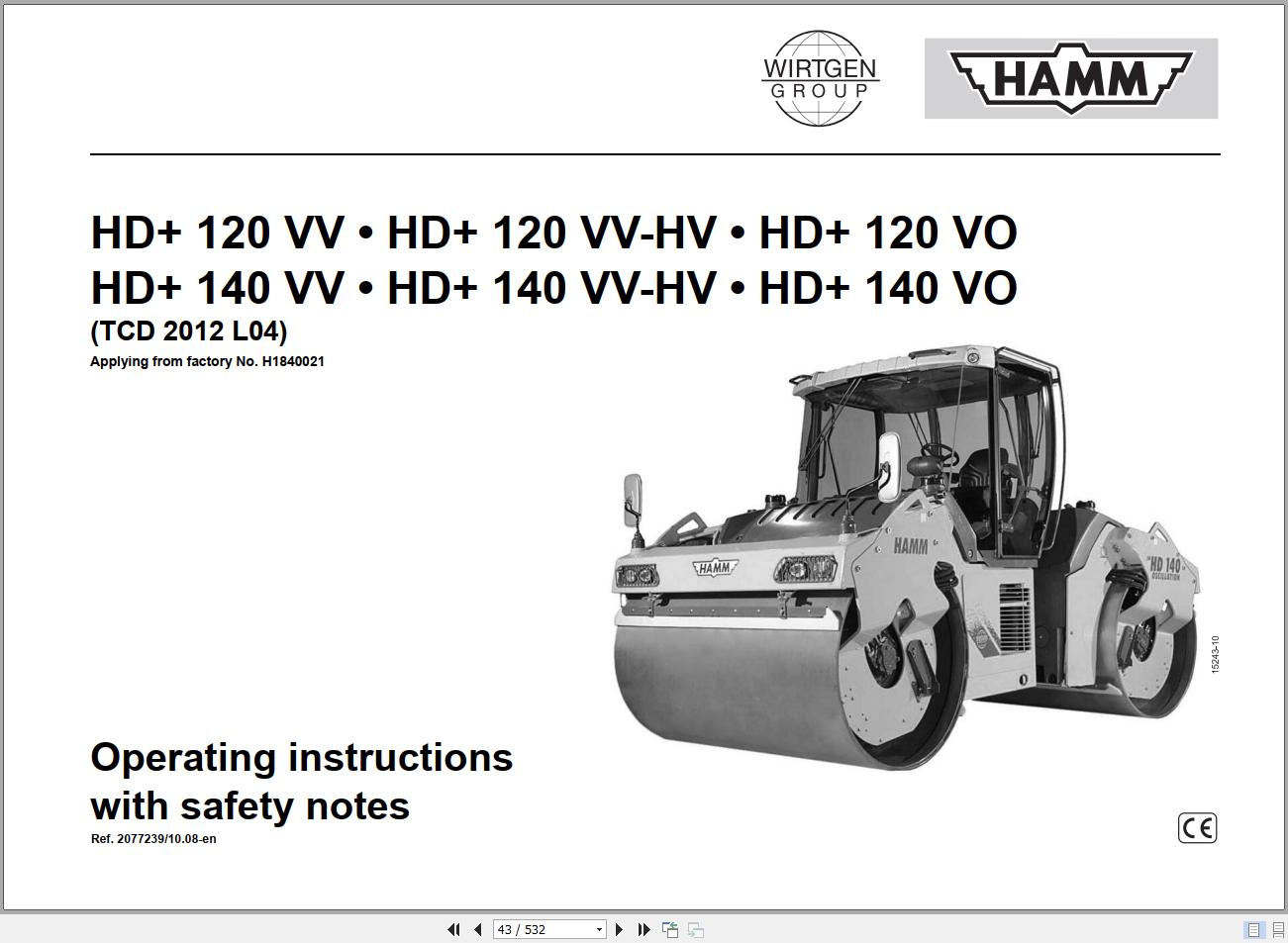 Hamm Roller HD+ 120-140 H184 Service Operators Manual Diagrams