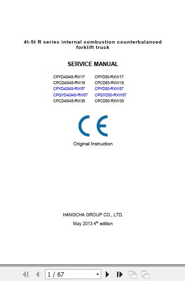 Hangcha Forklift CPYD40-RW17 to CPCD50-RXW35 Service Manual 2013