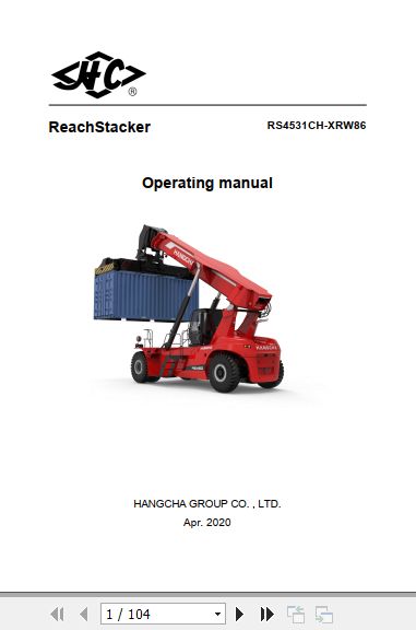 Hangcha Reach Stacker RS4531CH-XRW86 Operating Manual 2020