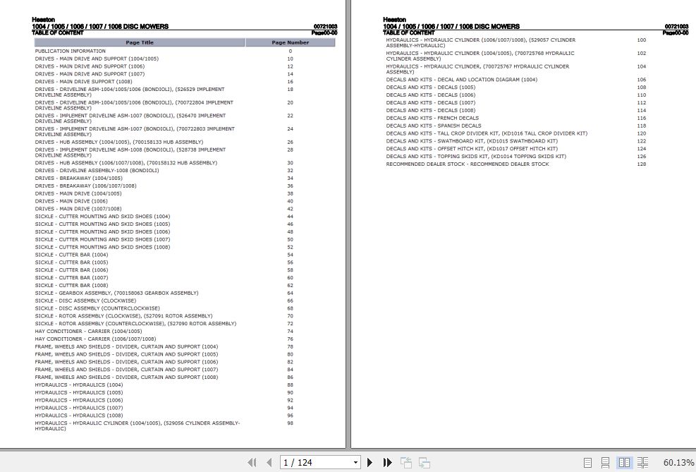 Hesston Disc Mowers 1004 1005 1006 1007 1008 Parts Catalog 00721003