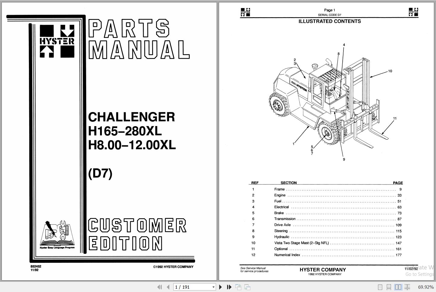 Hyster Forklift Challenger H165-280XL H8.00-12.00XL D7 Parts Manual 852452 1992