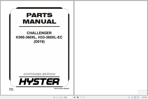 Hyster Forklift Challenger H300-360XL H33-360XL-EC D019 Parts Manual ...