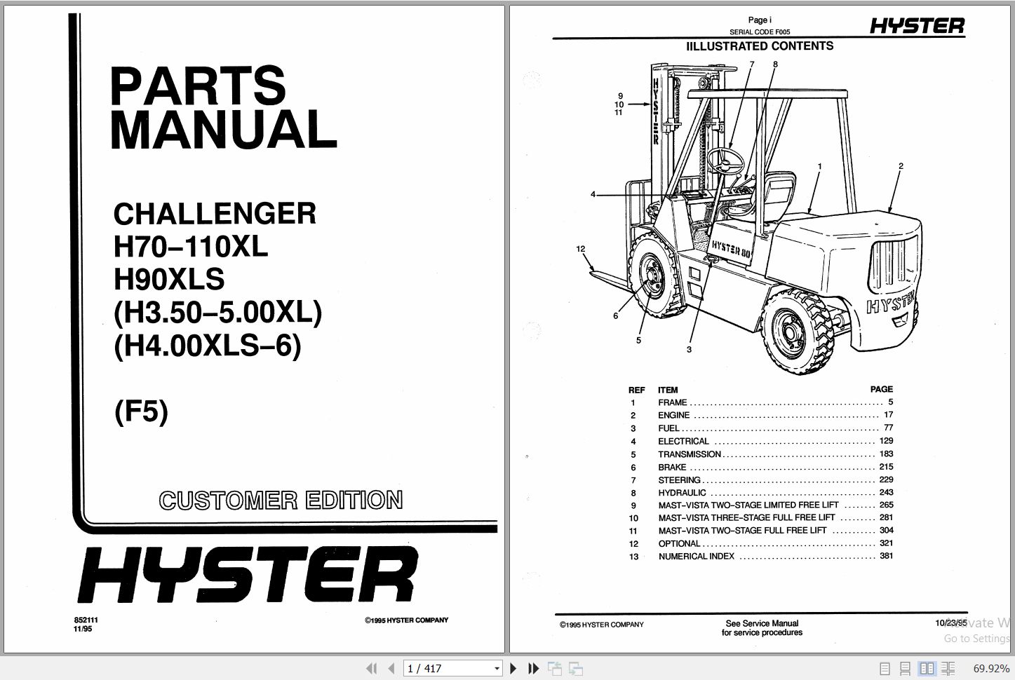 Hyster Forklift Challenger H70-110XL H90XLS H3.50-5.00XL H4.00XLS-6 F5 Parts Manual 852111 1995