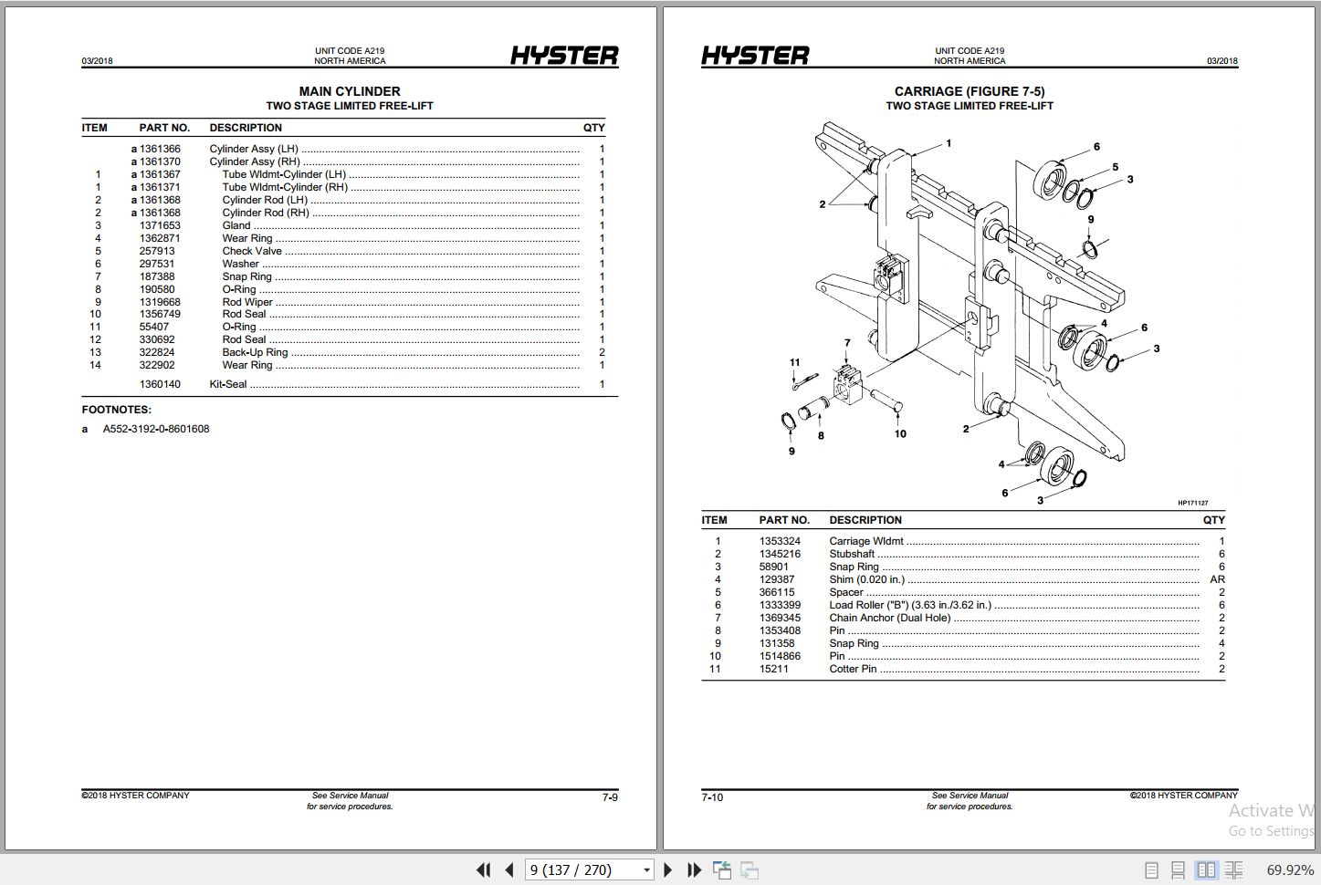 Hyster Forklift E30HSD E40HSD A219 Parts Manual 1495939 2018