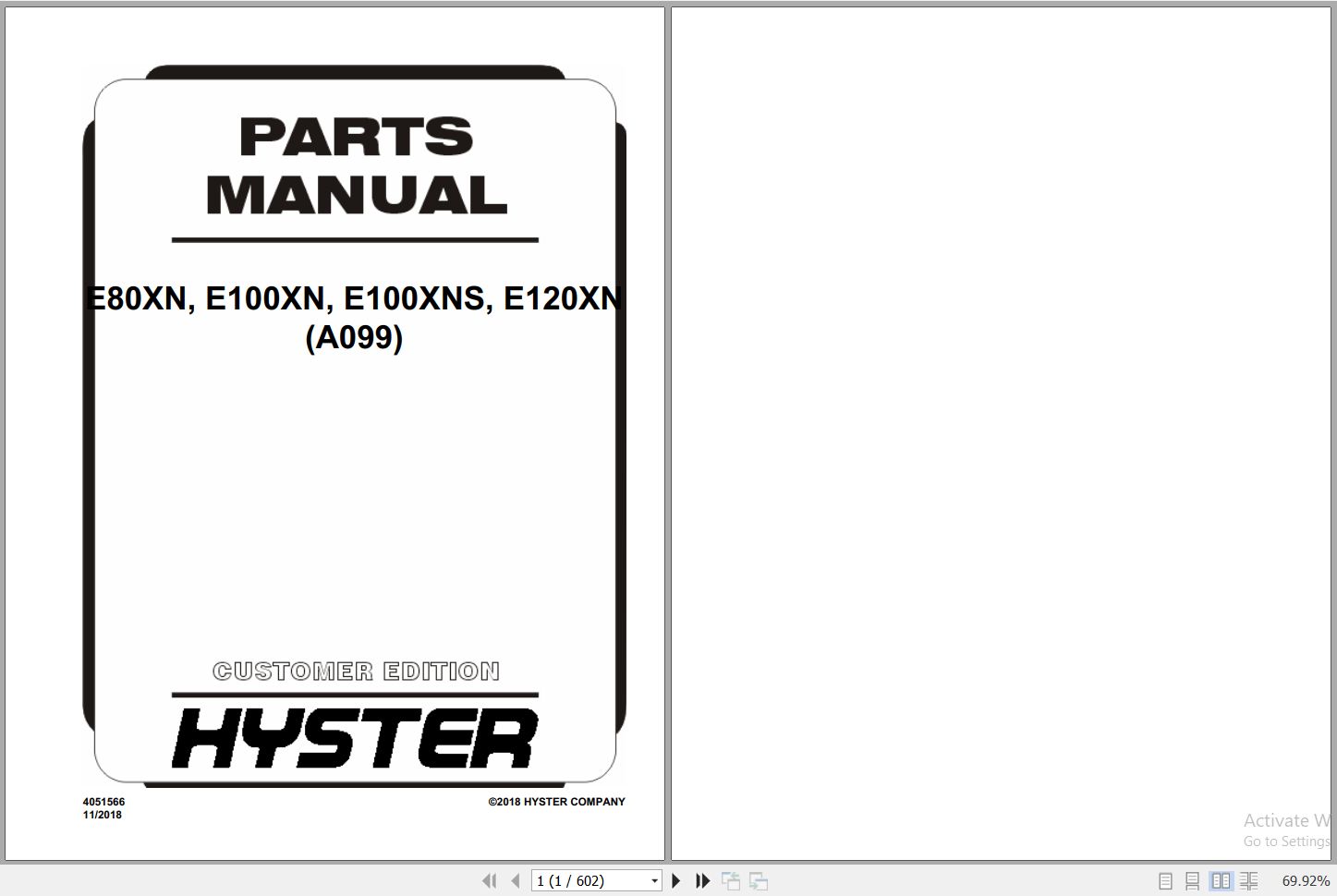 Hyster Forklift E80XN E100XN E100XNS E120XN A099 Parts Manual 4051566 2018