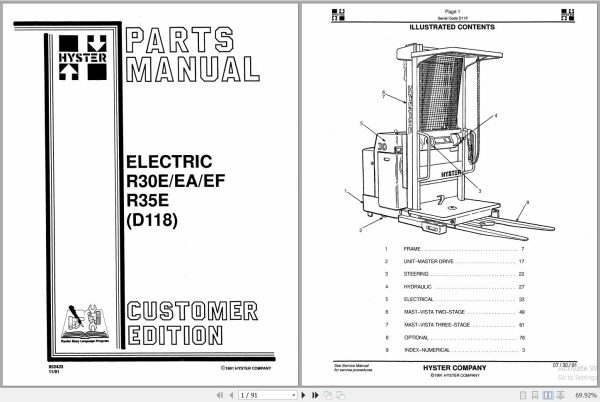 Hyster Forklift ELECTRIC R30E R30EA R30EF R35E D118 Parts Manual 852423 ...