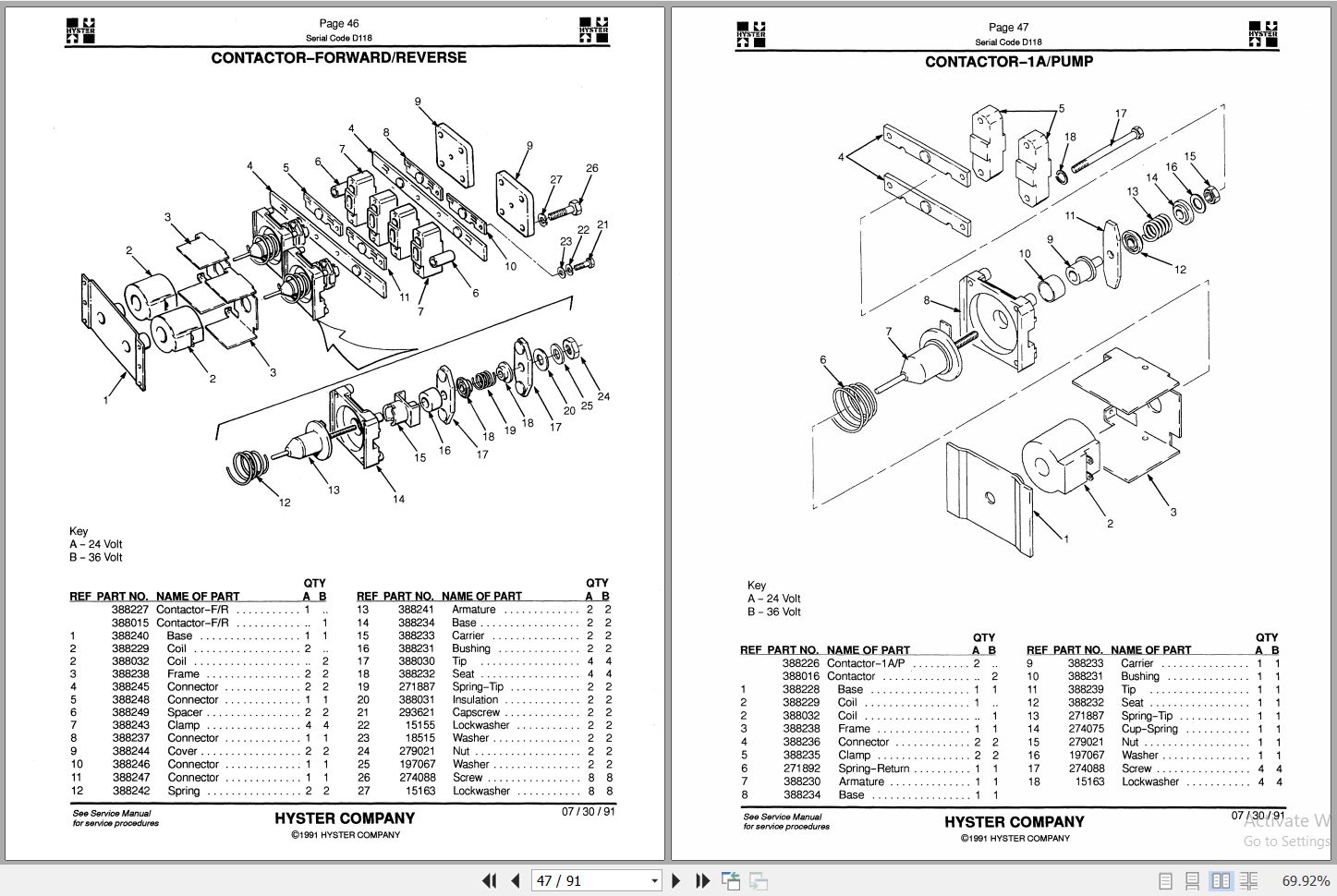 Hyster Forklift ELECTRIC R30E R30EA R30EF R35E D118 Parts Manual 852423 ...