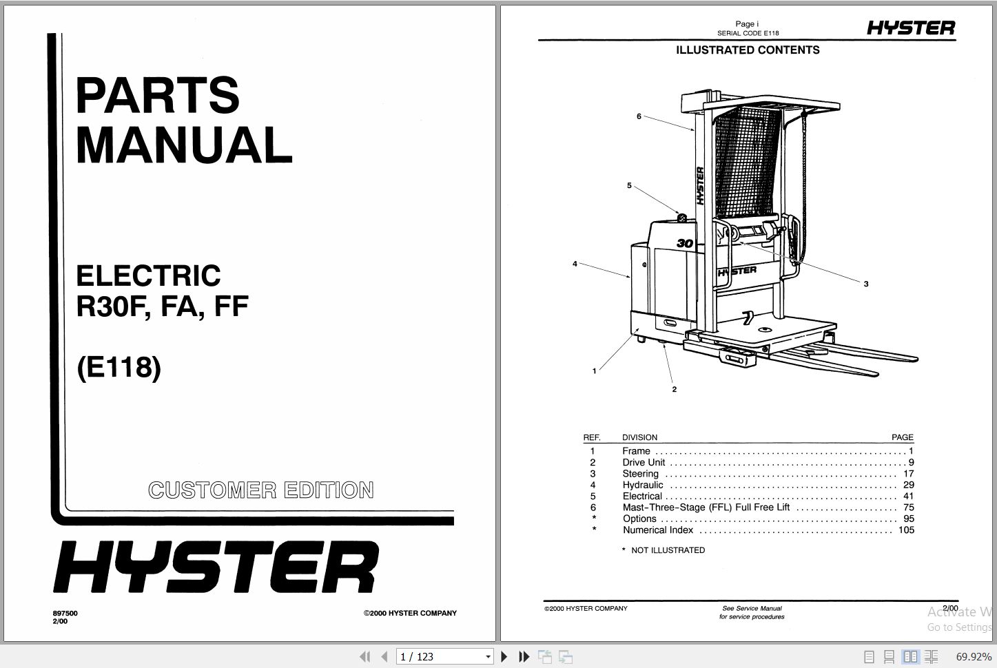 Hyster Forklift ELECTRIC R30F R30FA R30FF E118 Parts Manual 897500 2000