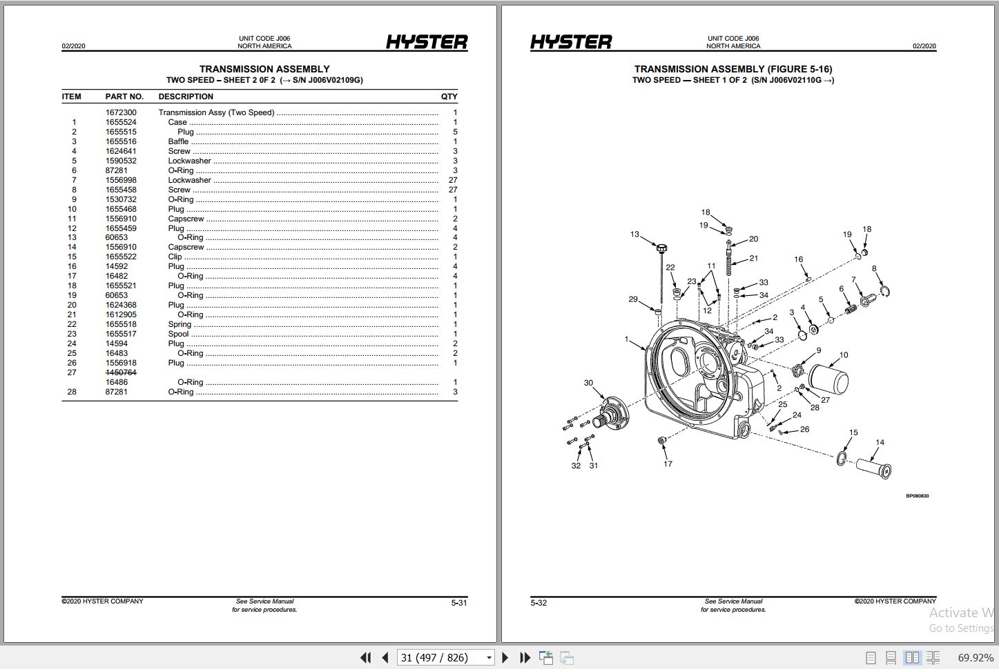 Hyster Forklift FORTIS H135FT H155FT J006 Parts Manual 1698731 2020