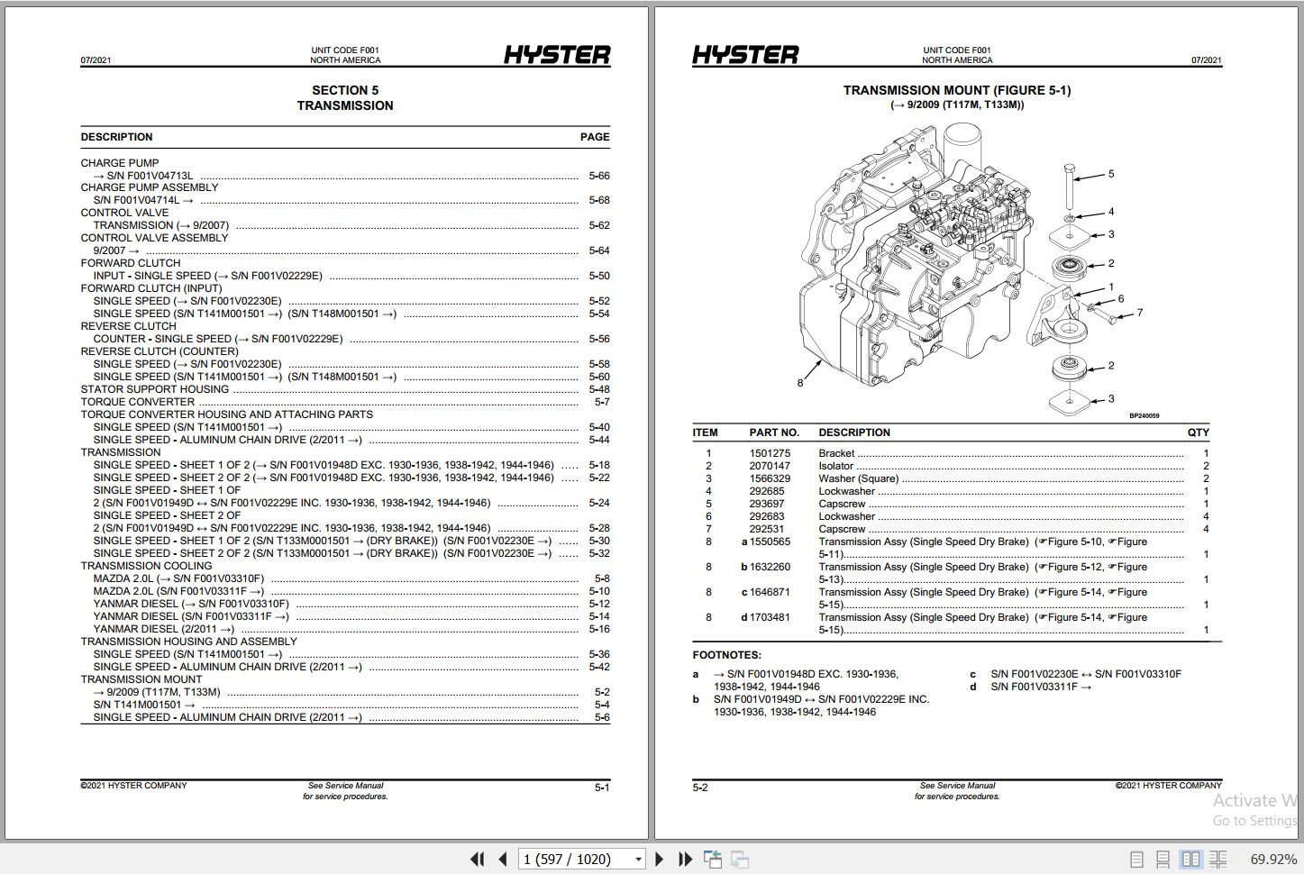 Hyster Forklift FORTIS H30-35FT H40FTS F001 Parts Manual 1598525 2021