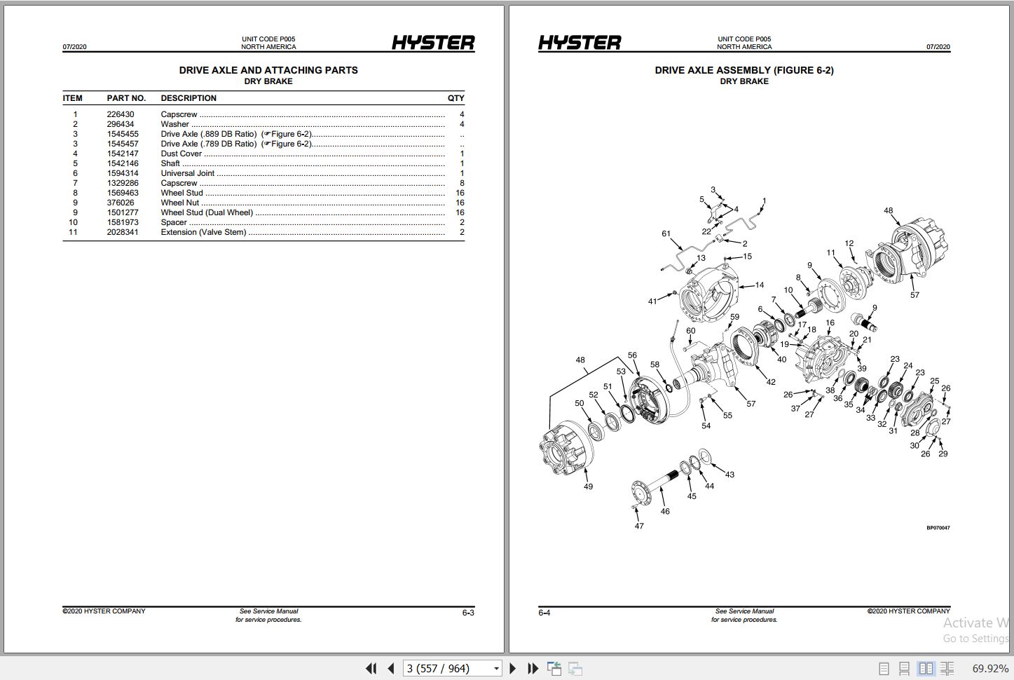 Hyster Forklift FORTIS H80 H90 H100 H110 H120FT P005 Parts Manual 1698691 2020