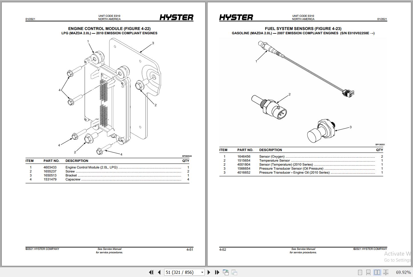 Hyster Forklift FORTIS S30FT S35FT S40FTS E010 Parts Manual 1598513 2021