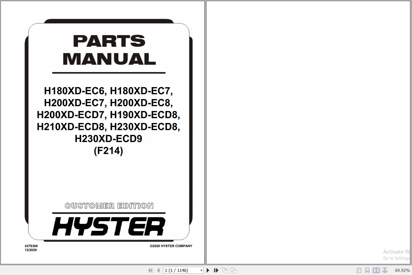 Hyster Forklift H180XD-EC6 to H230XD-ECD9 F214 Parts Manual 4278360 2020