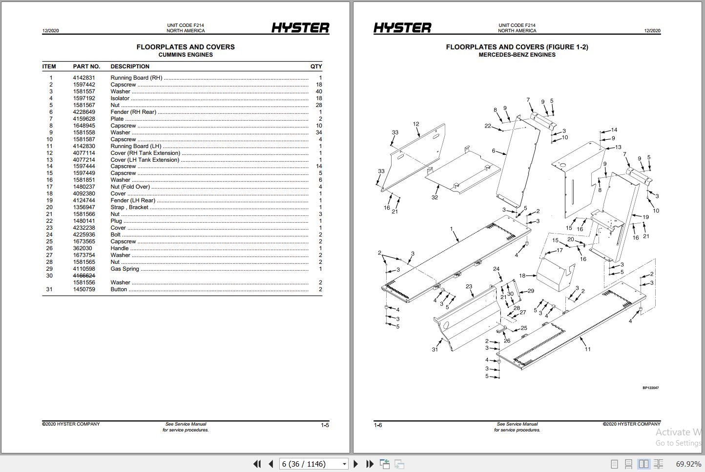 Hyster Forklift H180XD-EC6 to H230XD-ECD9 F214 Parts Manual 4278360 2020