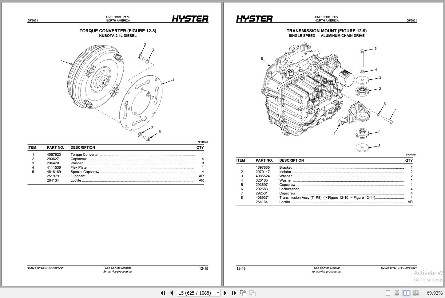 Hyster Forklift H40FT H50FT H60FT H70FT P177 Parts Manual 4120708 2021
