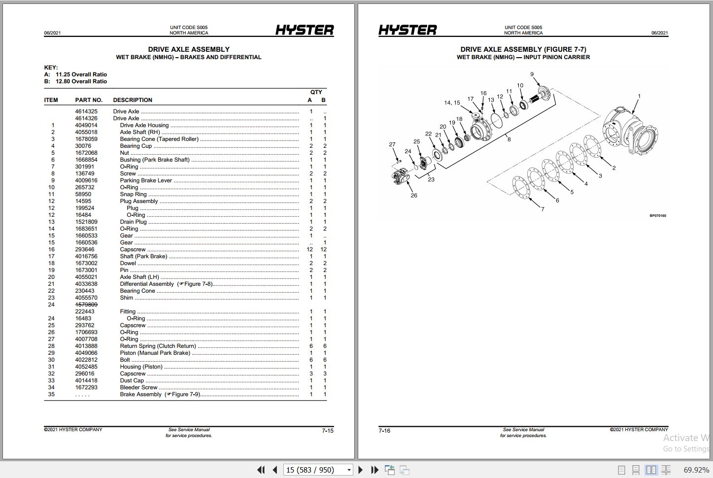 Hyster Forklift H80FT H90FT H100FT H110FT H120FT S005 Parts Manual 4069386 2021