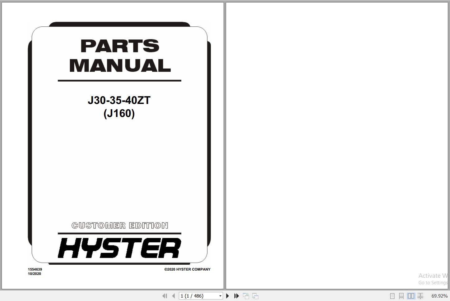 Hyster Forklift J30ZT J35ZT J40ZT J160 Parts Manual 1554639 2020