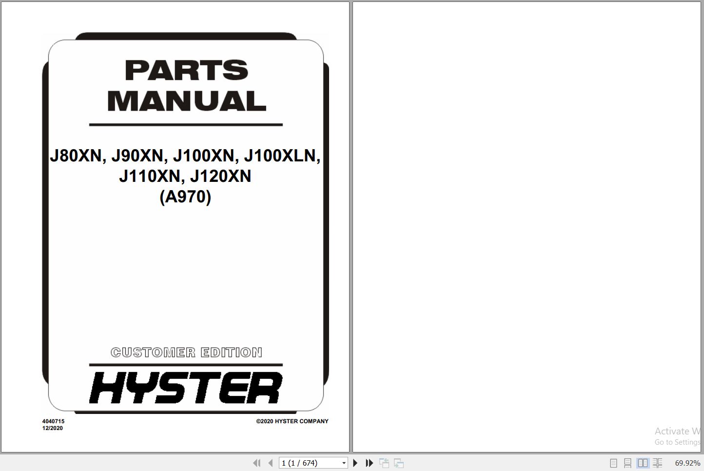Hyster Forklift J80XN to J120XN A970 Parts Manual 4040715 2020