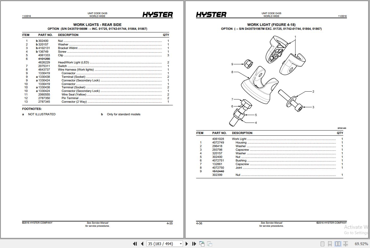 Hyster Forklift R1.4 to R2.5 D435 Parts Manual 4065744 2016