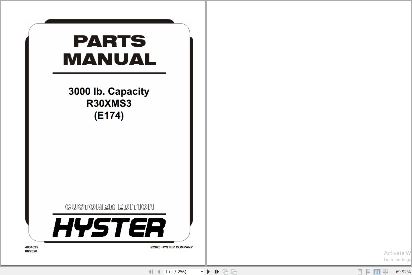 Hyster Forklift R30XMS3 E174 Parts Manual 4034625 2020