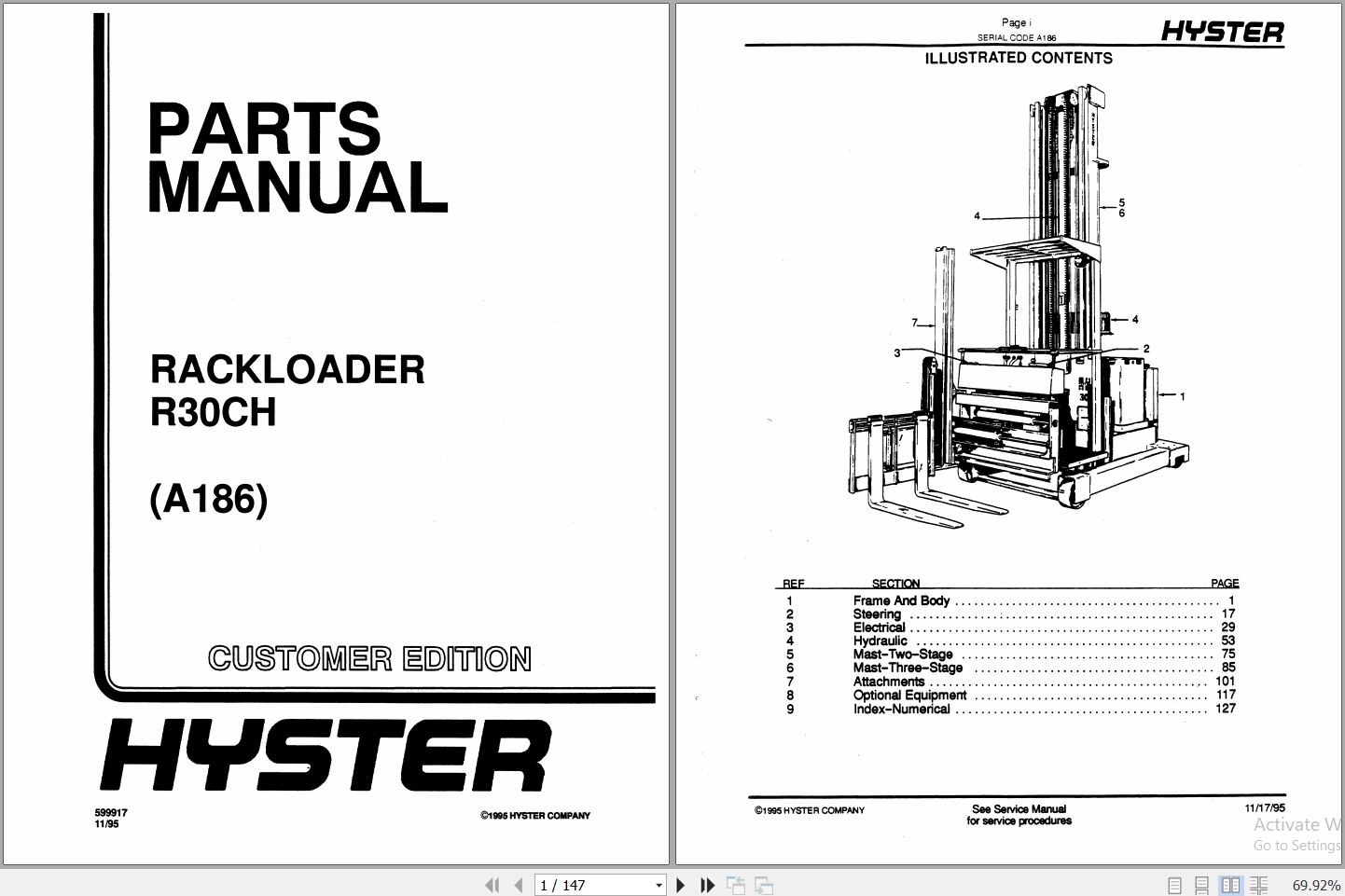 Hyster Forklift RACKLOADER R30CH A186 Parts Manual 599917 1995