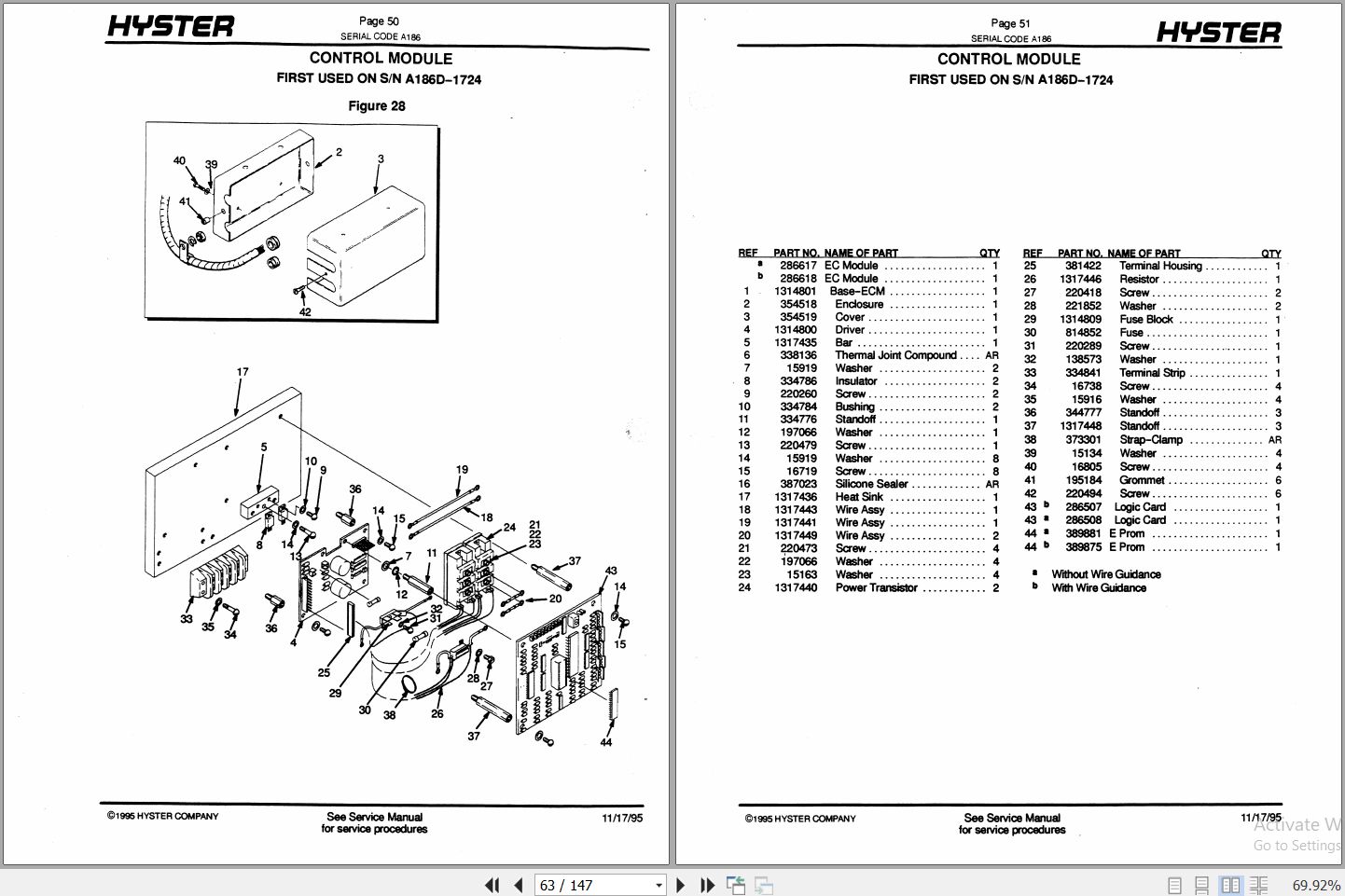 Hyster Forklift RACKLOADER R30CH A186 Parts Manual 599917 1995