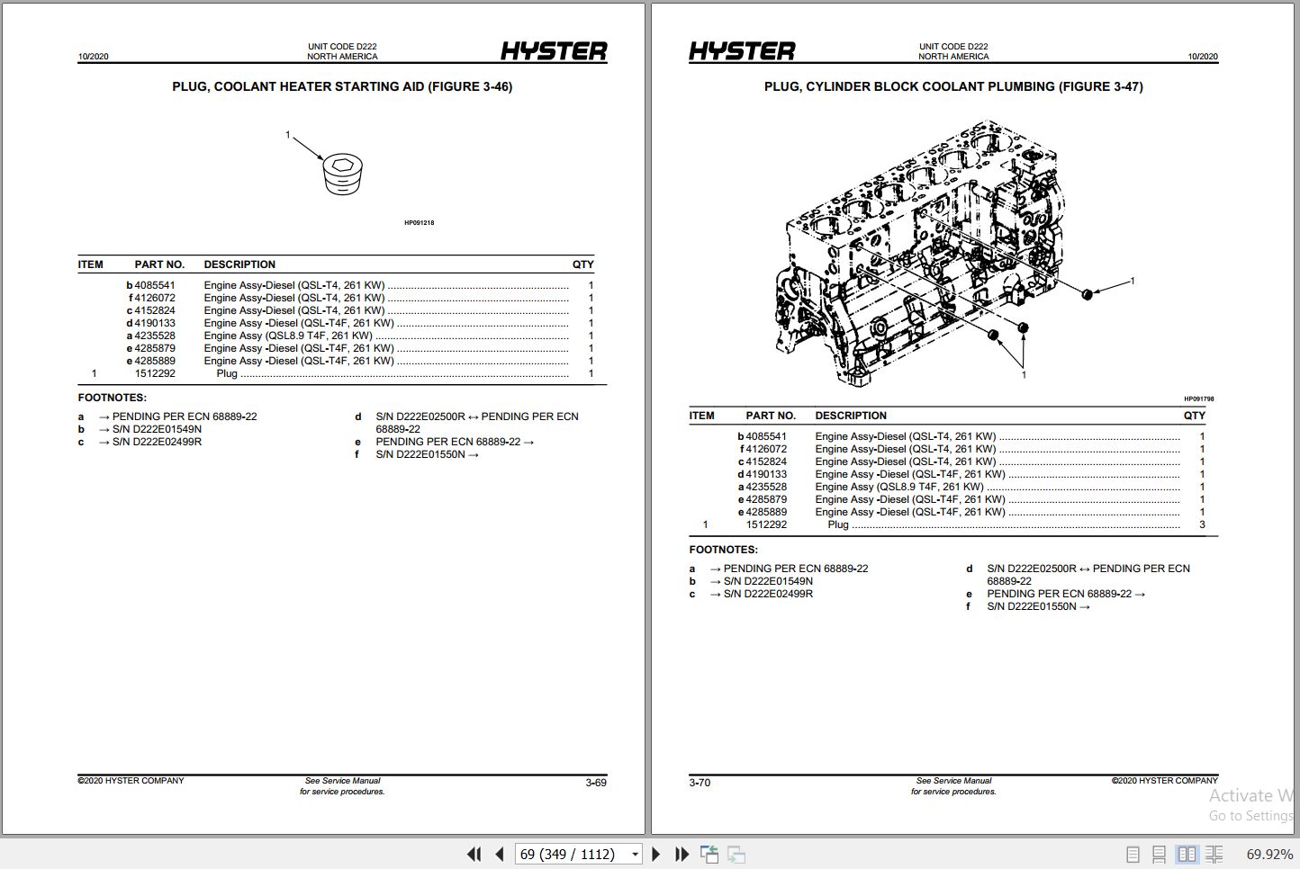 Hyster Forklift RS45-27CH to RS46-33IH D222 Parts Manual 4121225 2020