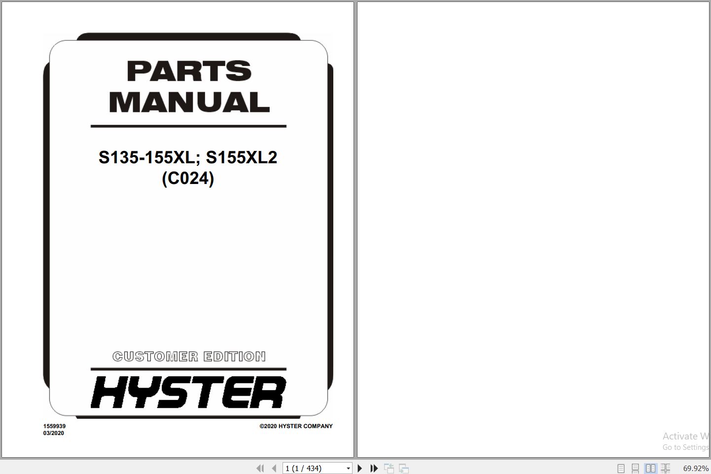 Hyster Forklift S135-155XL S155XL2 C024 Parts Manual 1559939 2020