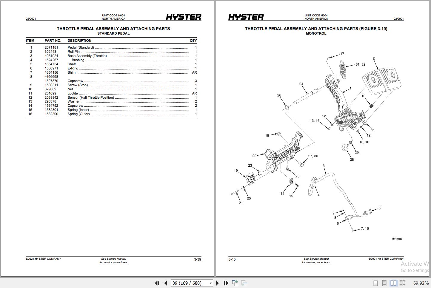 Hyster Forklift S80-120FT to S120FTPRS H004 Parts Manual 4063252 2021