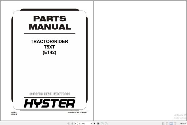 Hyster Forklift TRACTOR-RIDER T5XT E142 Parts Manual 897518 2013