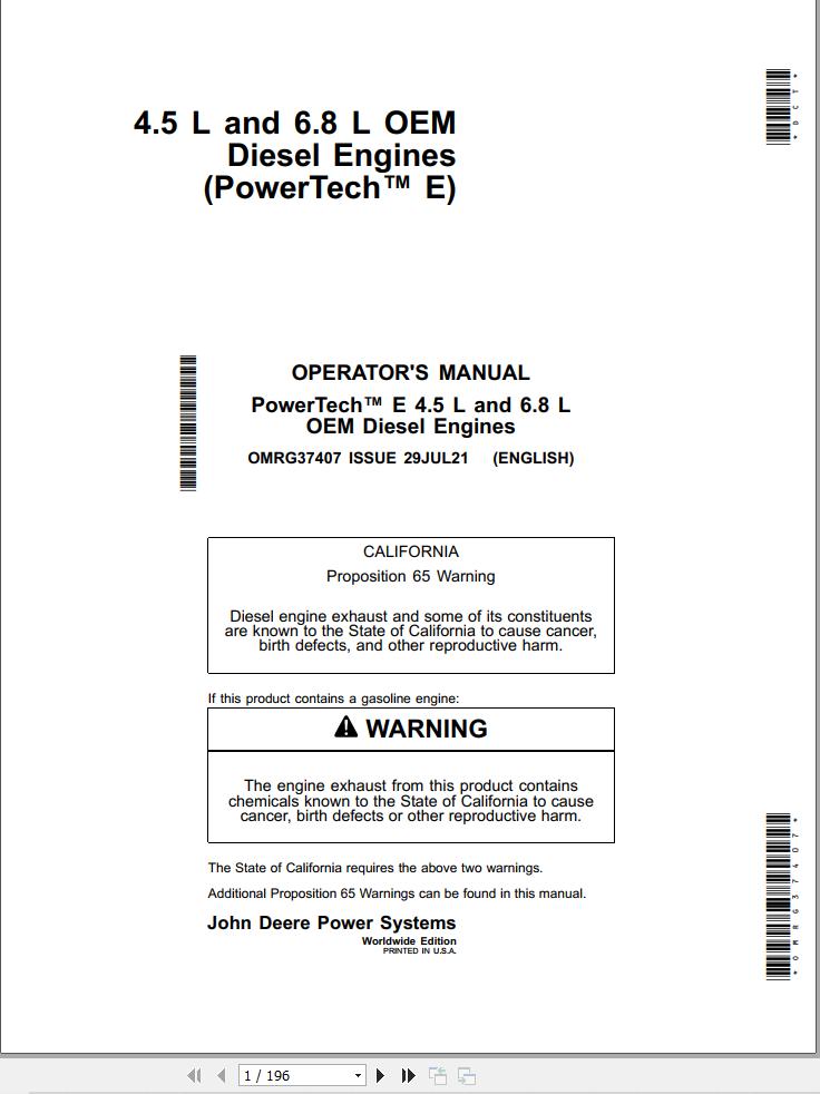 John Deere Engine 4.5L 6.8L PowerTech E Operation Manual And Diagram ...