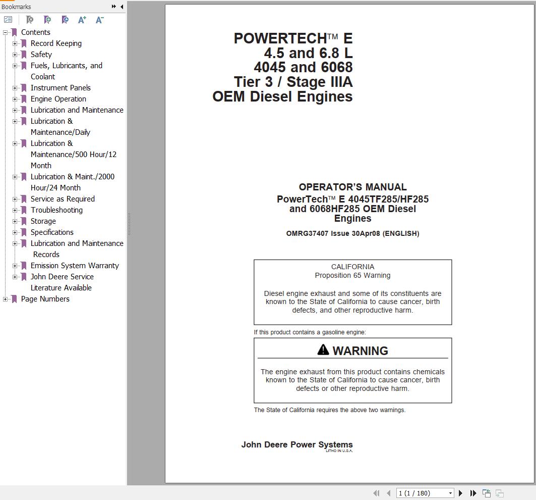 John Deere Engine 4.5L 6.8L PowerTech E Operator Manual OMRG37407