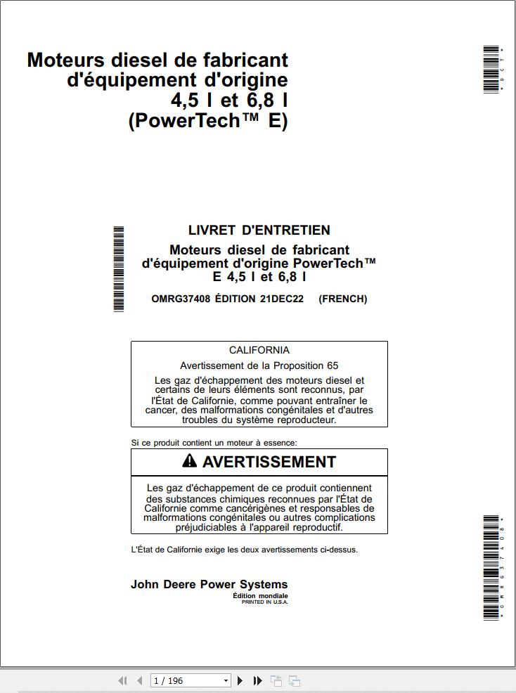 John Deere Engine 4.5L 6.8L PowerTech E Operators Manual And Diagram ...