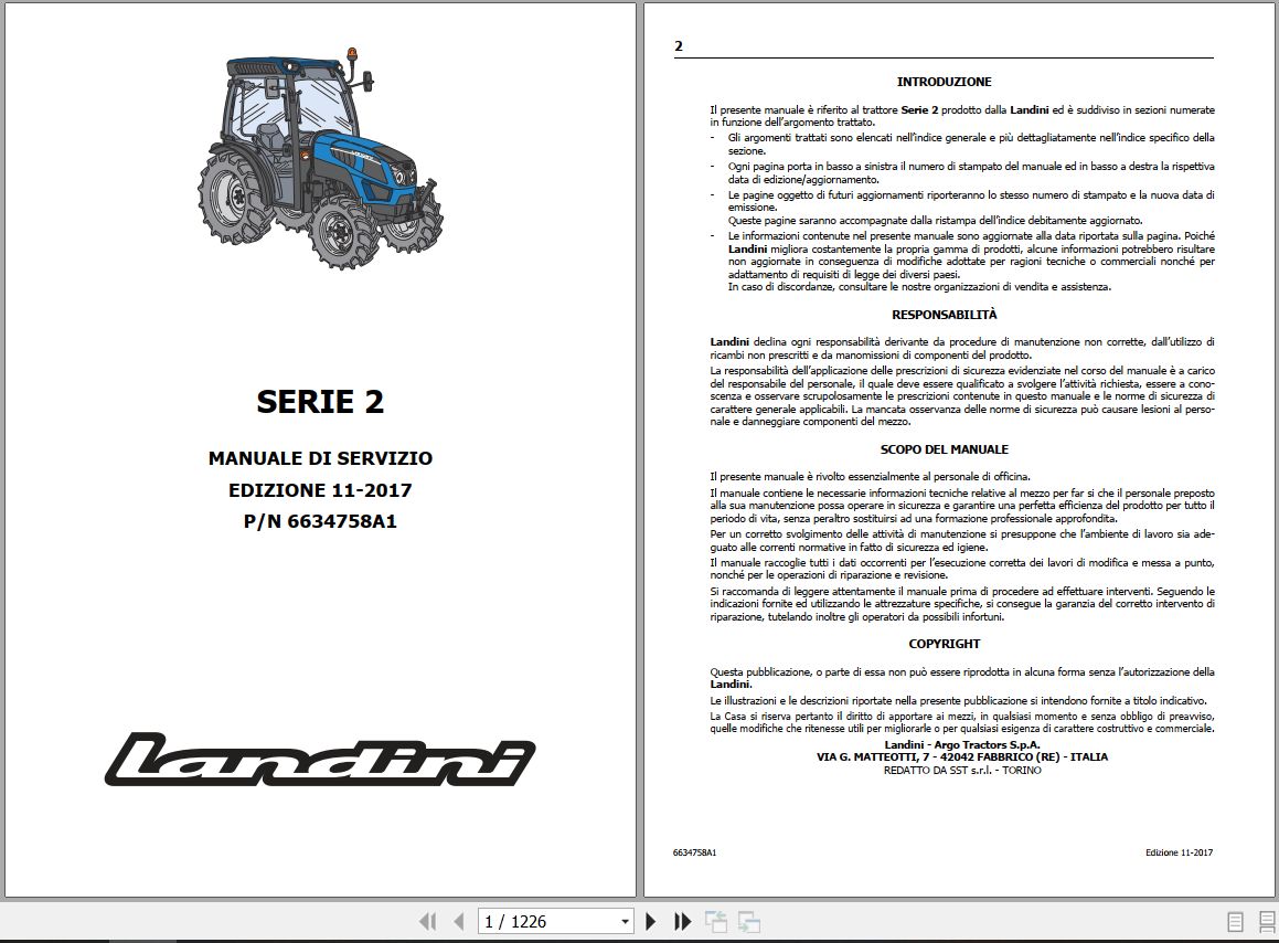 Landini Tractor 2-045 2-050 2-055 2-060 Service Manual 6634758A1 IT