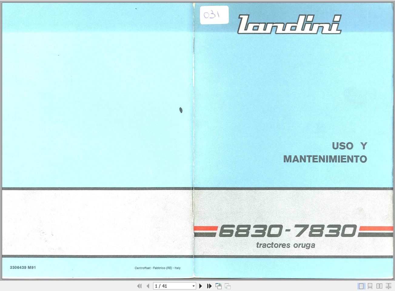 Landini Tractor 6830 7830 Operators Maintenance Manual 3306439M91 ES