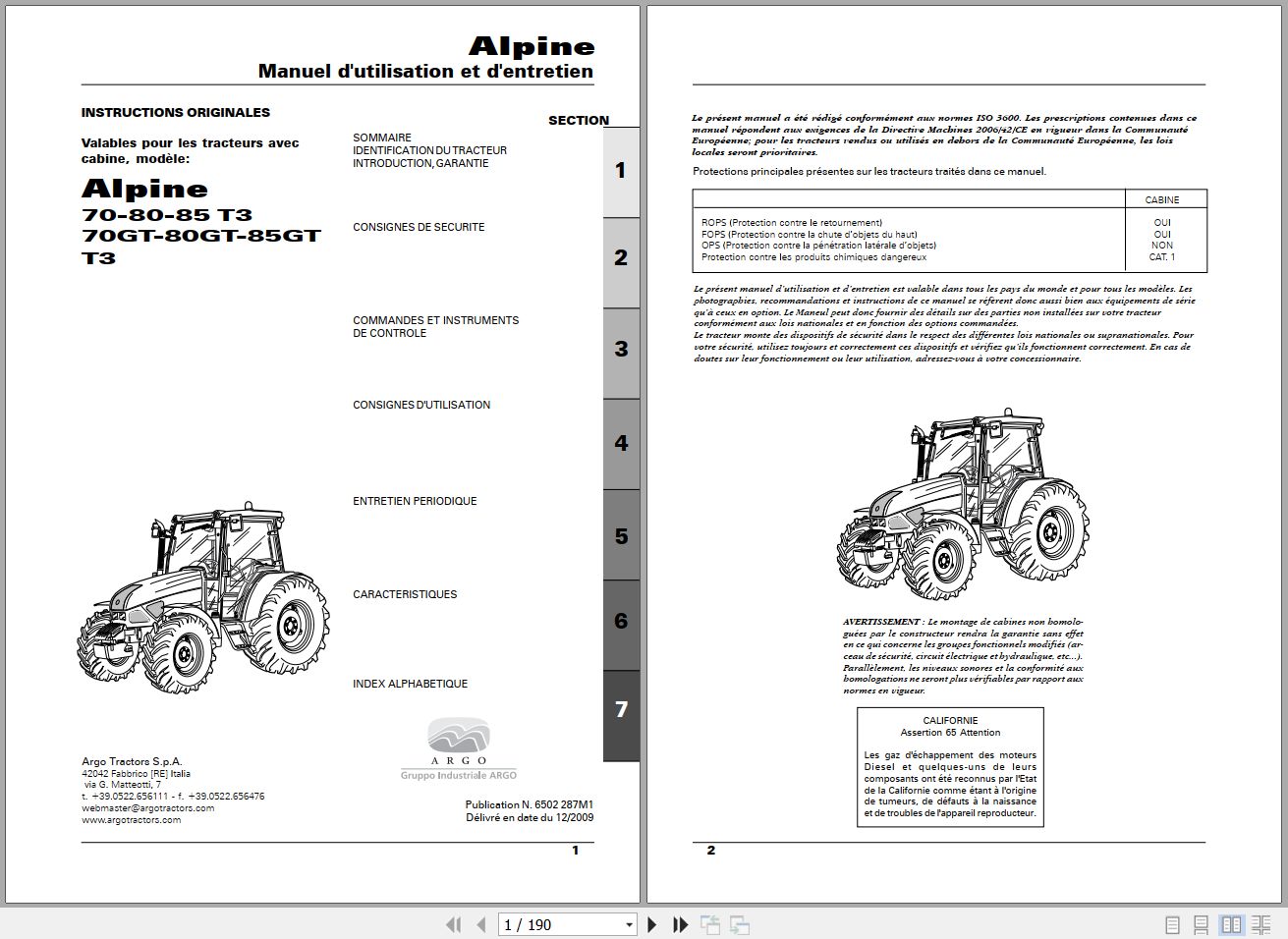Landini Tractor Alpine 70 T3 to 85GT T3 Operators Maintenance Manual ...