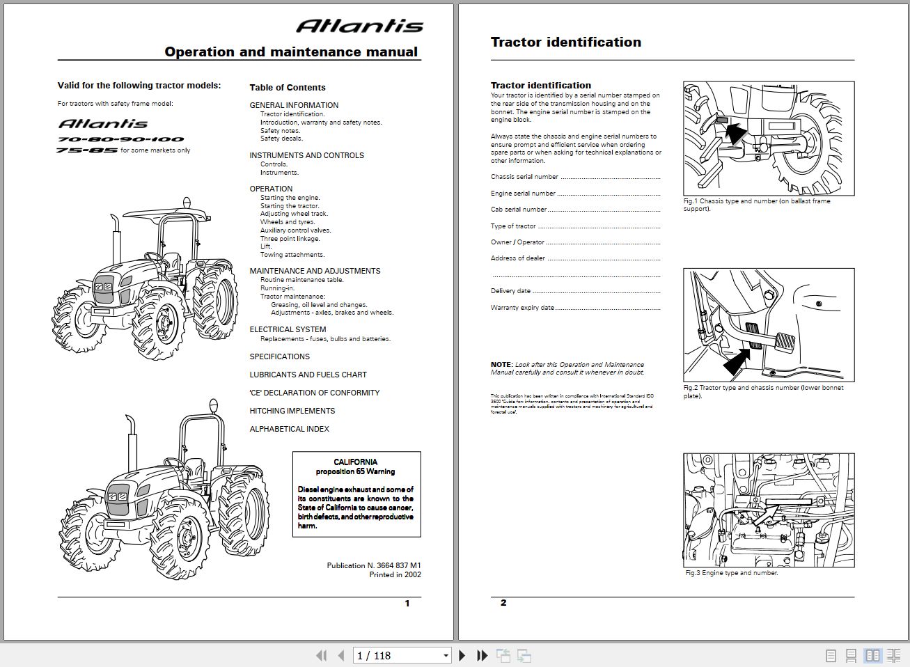 Landini Tractor Atlantis 70-100 Operators Maintenance Manual 3664837M1 EN