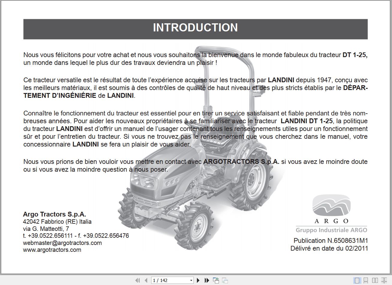 Landini Tractor DT 1-25 Operators Maintenance Manual 6508631M1 FR